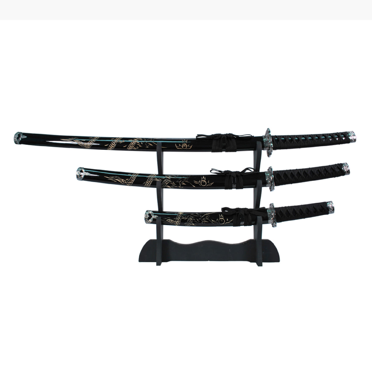 3 Piece Dragon Black Katana Set | Collectible Carbon Steel Sword Set ...